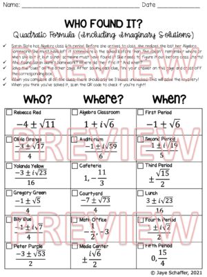 Quadratic Formula (Including Imaginary Solutions) Clue Mystery Activity ...