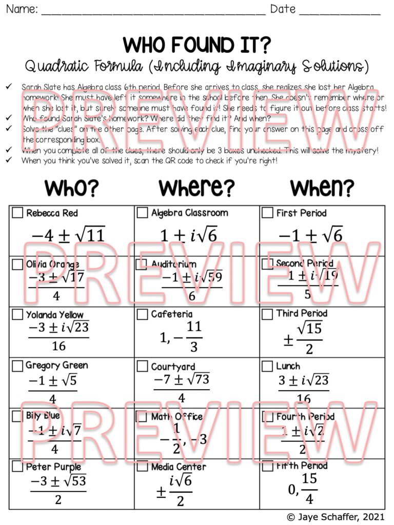 Quadratic Formula (Including Imaginary Solutions) Clue Mystery Activity ...