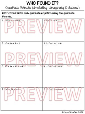 Quadratic Formula (Including Imaginary Solutions) Clue Mystery Activity ...