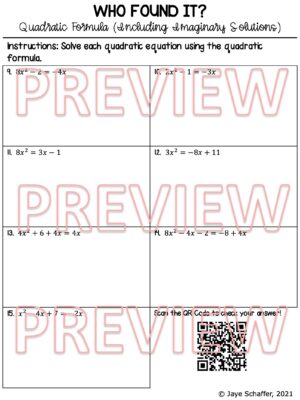 Quadratic Formula (Including Imaginary Solutions) Clue Mystery Activity ...