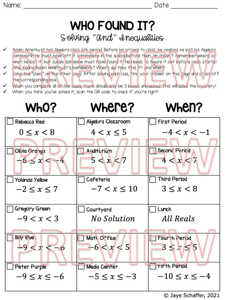 Solving "And" Compound Inequalities Clue Mystery Activity - Made By ...