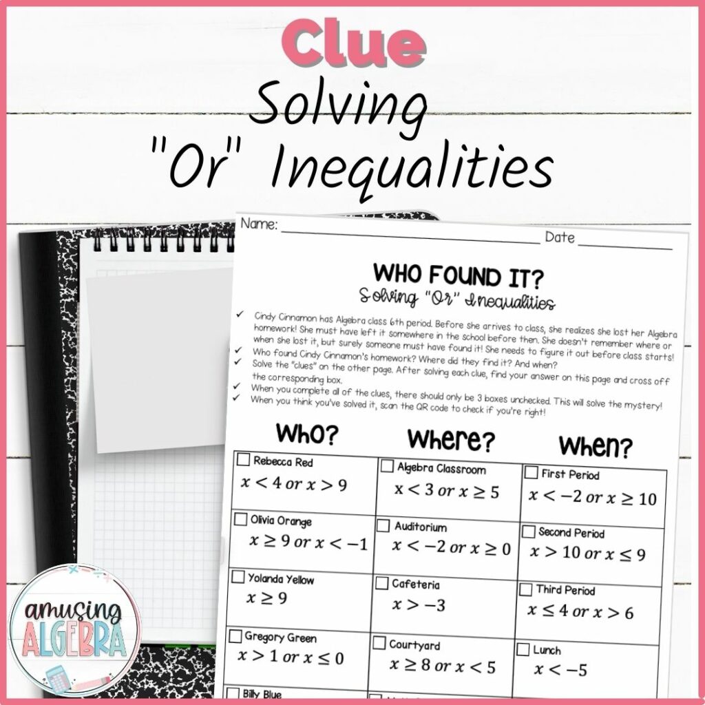 Solving "Or" Compound Inequalities Clue Mystery Activity | Made By Teachers