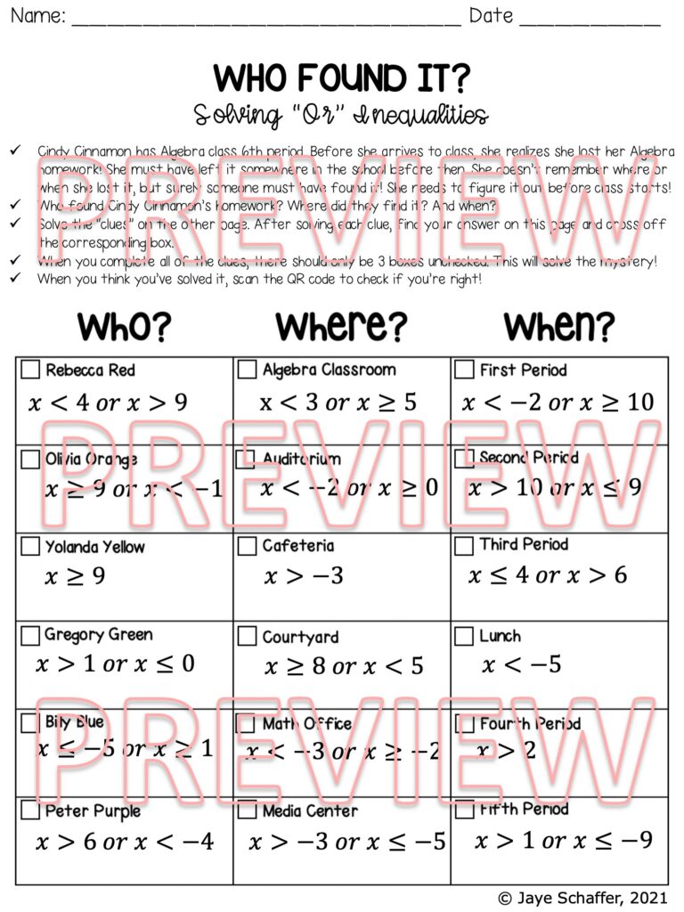 Solving "Or" Compound Inequalities Clue Mystery Activity | Made By Teachers