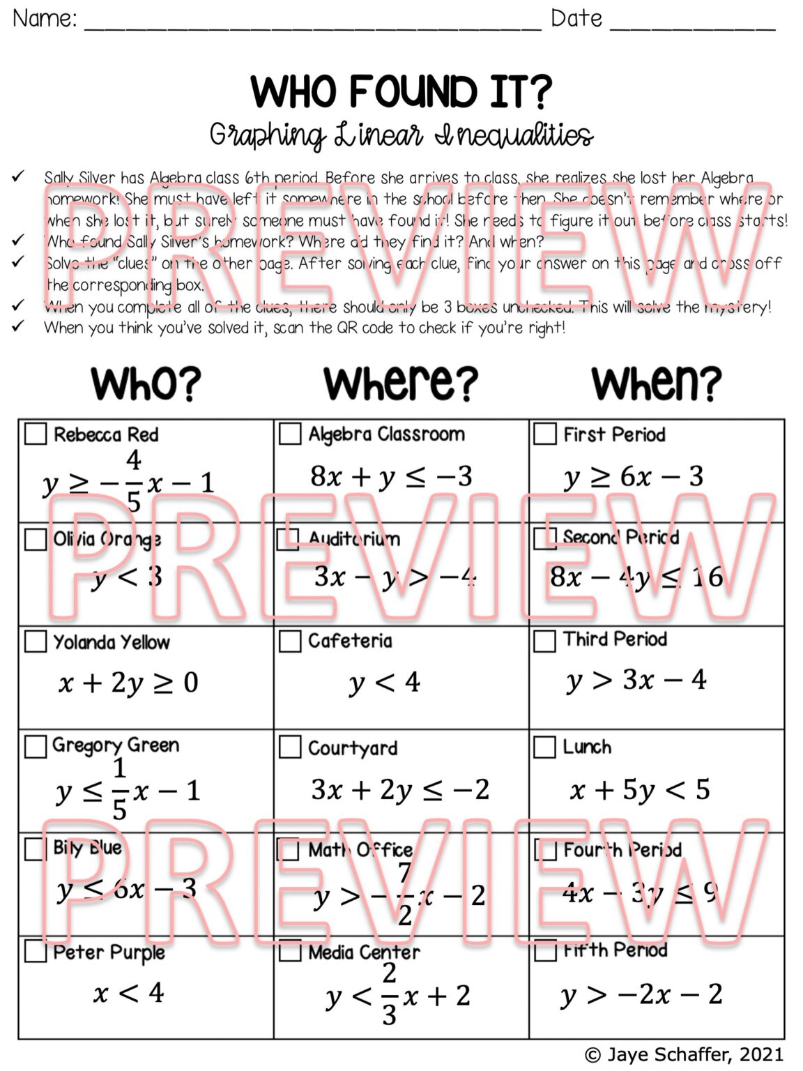Graphing Linear Inequalities Clue Mystery Activity | Made By Teachers