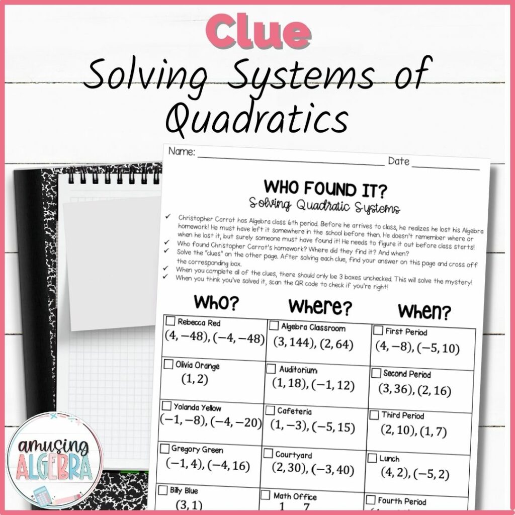 Solving Quadratic Systems Clue Mystery Activity | Made By Teachers