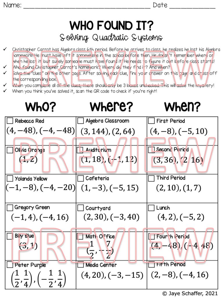 Solving Quadratic Systems Clue Mystery Activity | Made By Teachers
