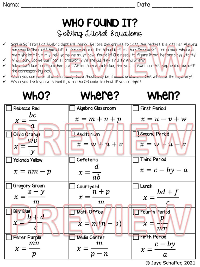Solving Literal Equations Clue Mystery Activity | Made By Teachers