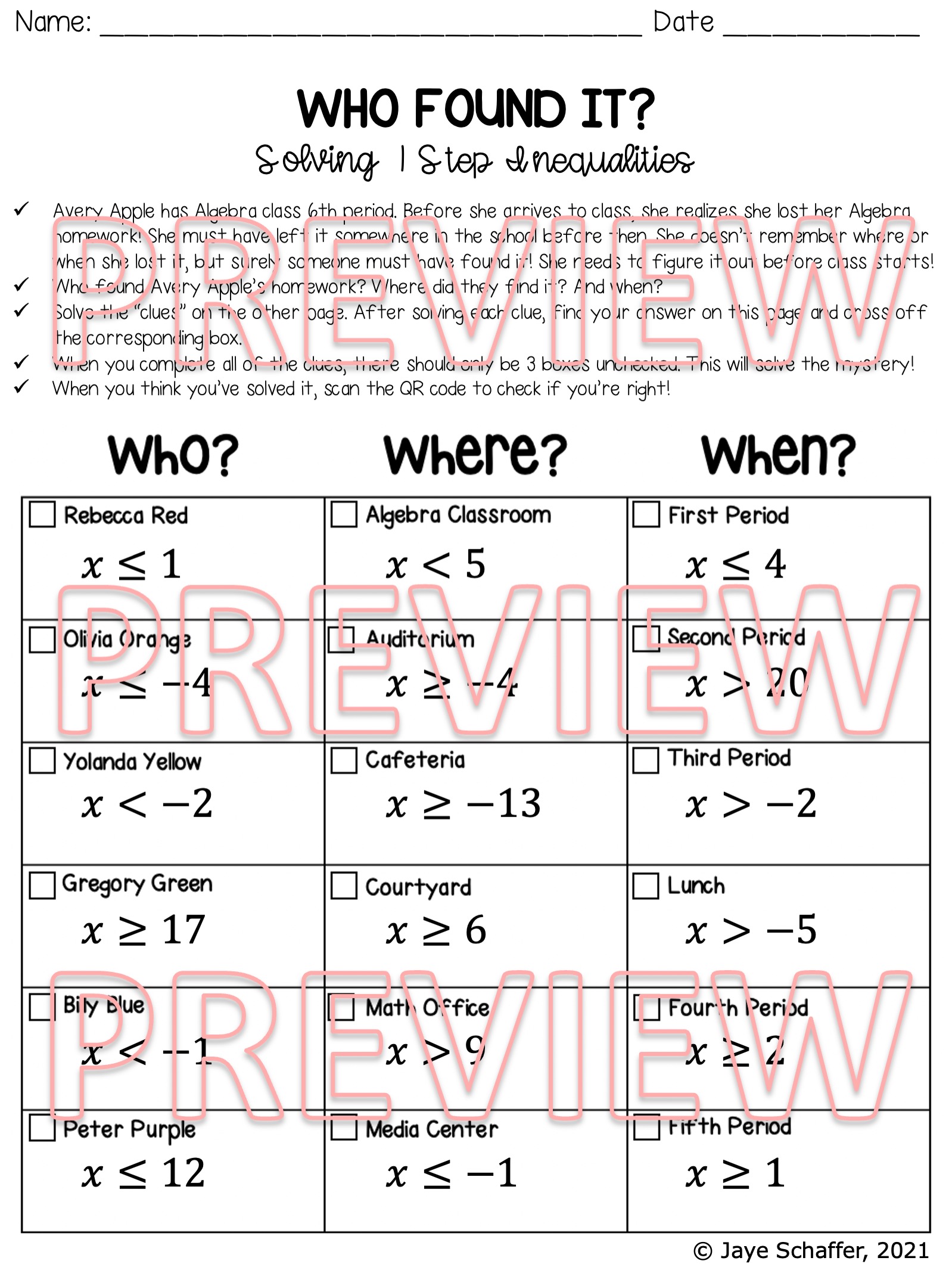 Solving One Step Inequalities Clue Mystery Activity | Made By Teachers