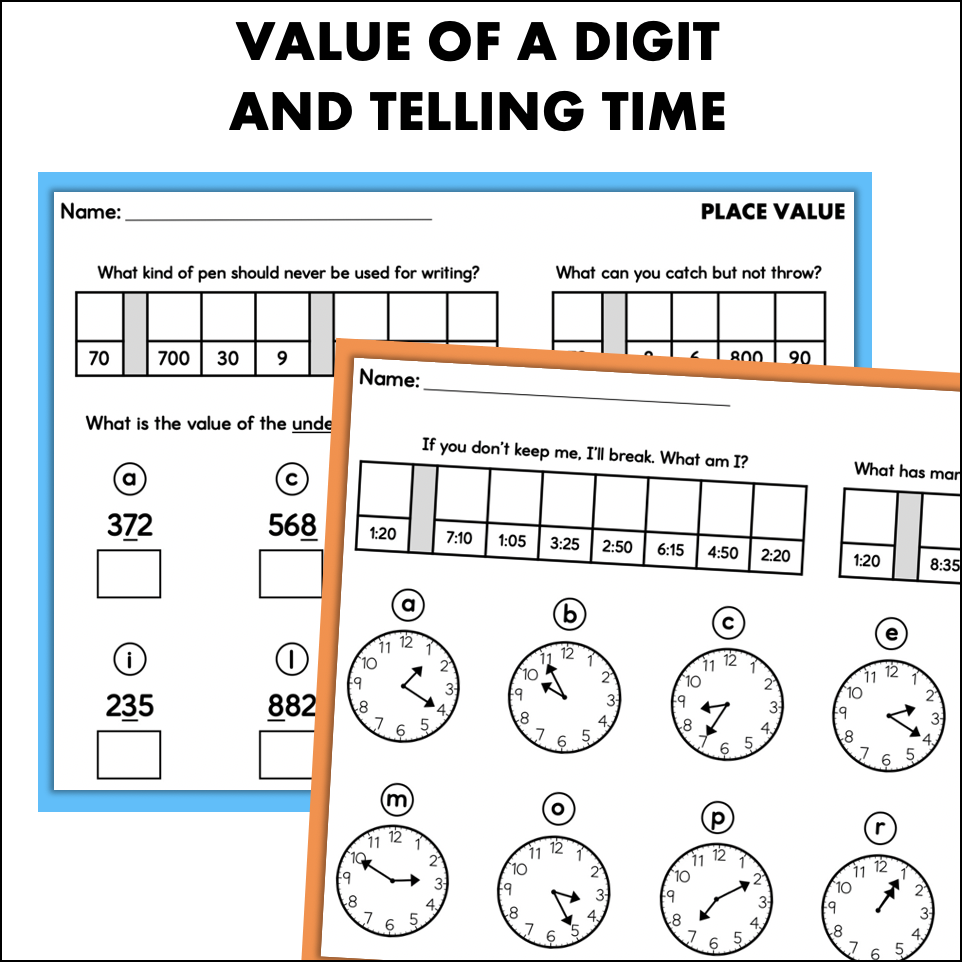 2nd Grade Math Riddles Addition Subtraction Skip Counting Time Place ...