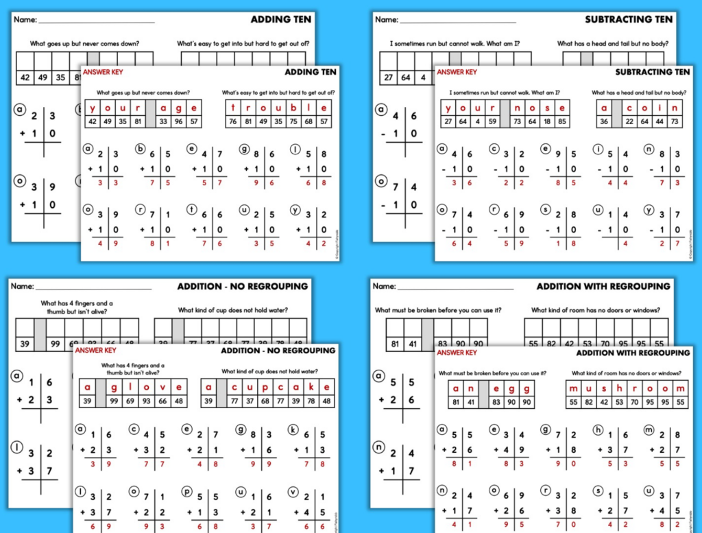 2nd Grade Math Riddles Addition Subtraction Skip Counting Time Place ...