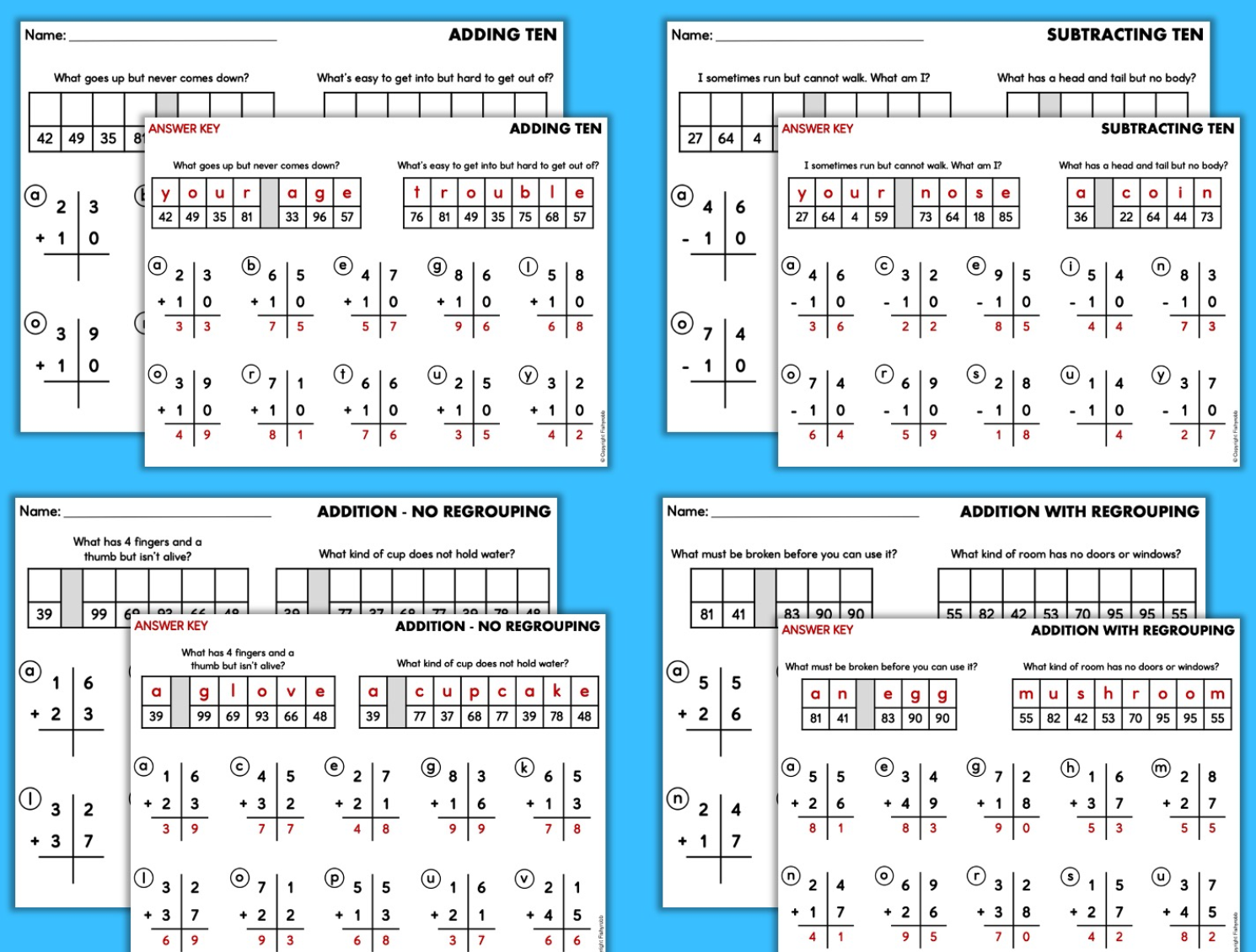 2nd Grade Math Riddles Addition Subtraction Skip Counting Time Place ...