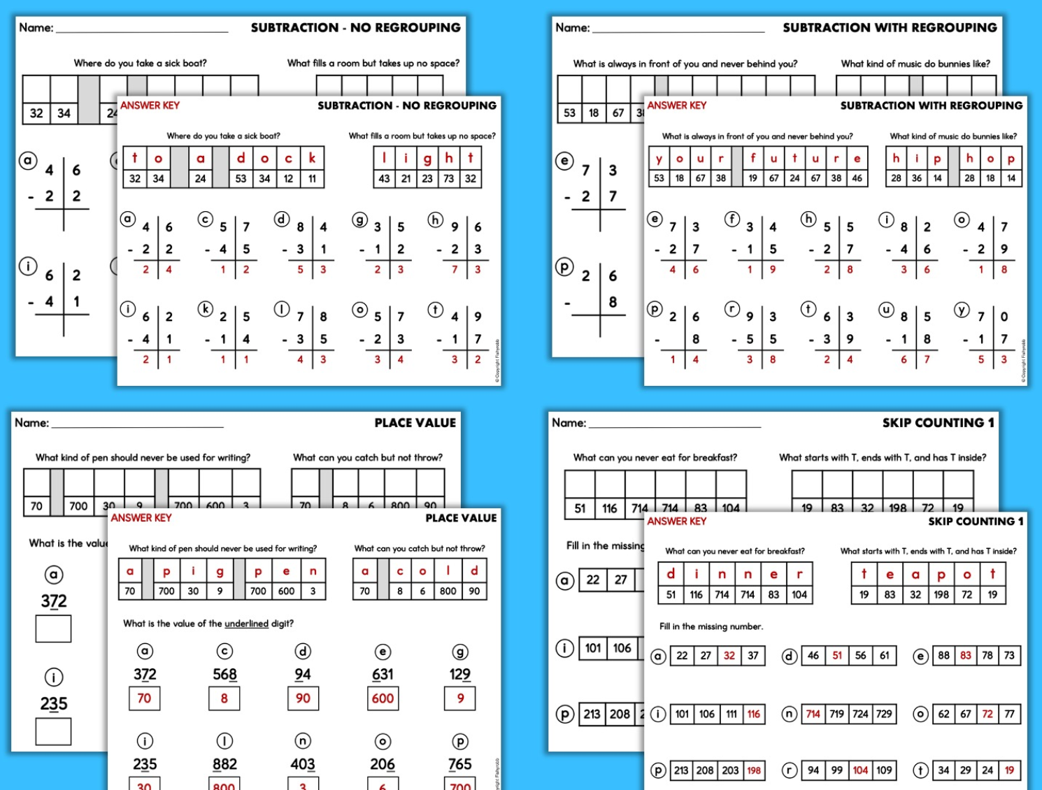 2nd Grade Math Riddles Addition Subtraction Skip Counting Time Place ...