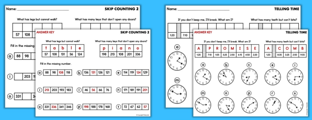 2nd Grade Math Riddles Addition Subtraction Skip Counting Time Place ...