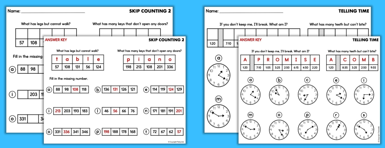 2nd Grade Math Riddles Addition Subtraction Skip Counting Time Place ...