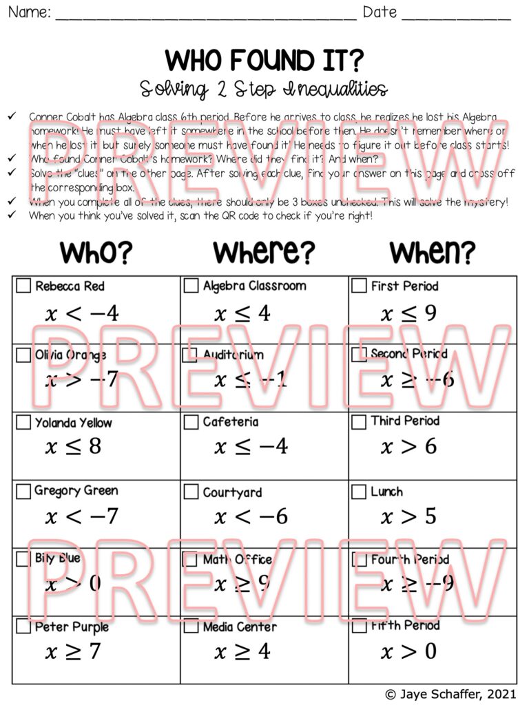 Solving Two Step Inequalities Clue Mystery Activity - Made By Teachers