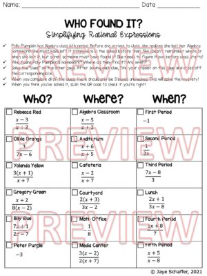 Simplifying Rational Expressions Clue Mystery Activity | Made By Teachers