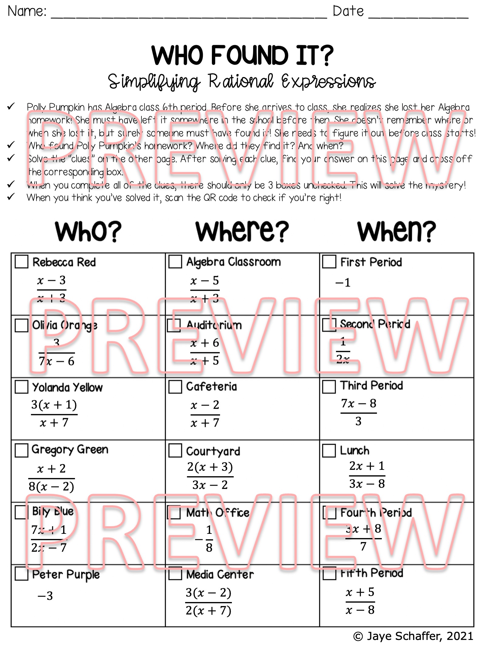 Simplifying Rational Expressions Clue Mystery Activity Made By Teachers Simplifying Rational Expressions Clue Mystery Activity Made By Teachers