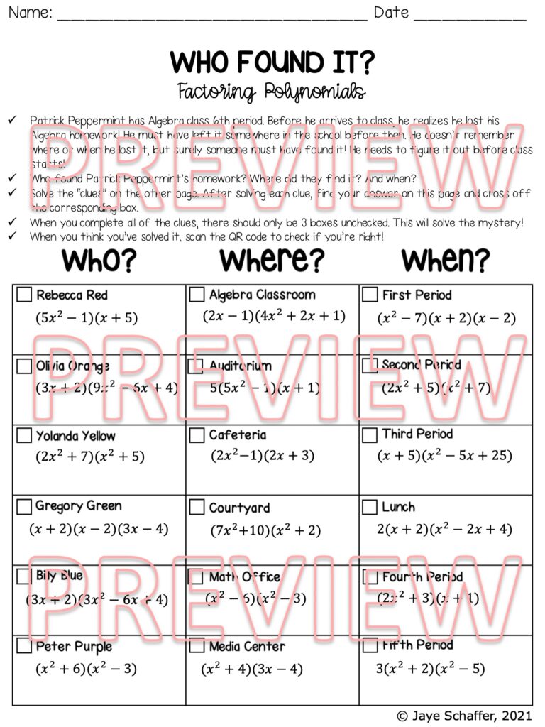 Factoring Polynomials Clue Mystery Activity | Made By Teachers