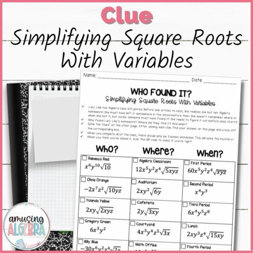 Simplifying Square Root Radicals with Variables Clue Mystery Activity ...