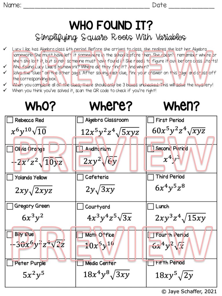 Simplifying Square Root Radicals with Variables Clue Mystery Activity ...