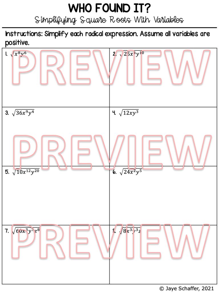Simplifying Square Root Radicals with Variables Clue Mystery Activity ...