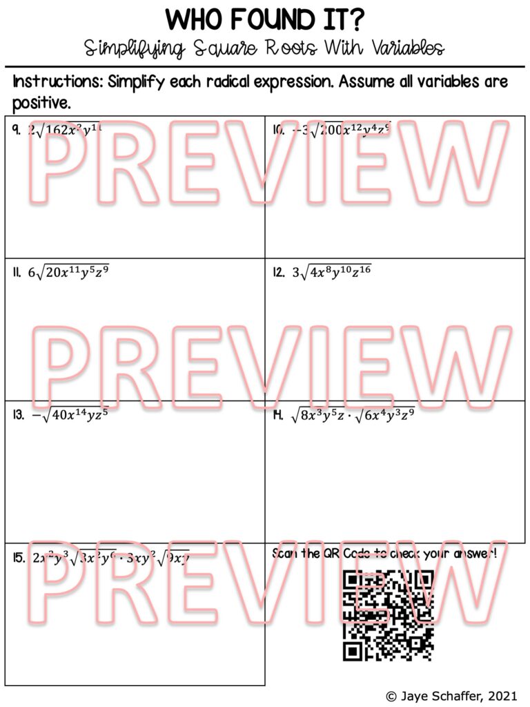 Simplifying Square Root Radicals with Variables Clue Mystery Activity ...