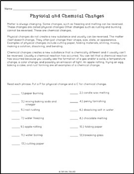 Physical and Chemical Changes Sort Activity Worksheets and Craftivity ...