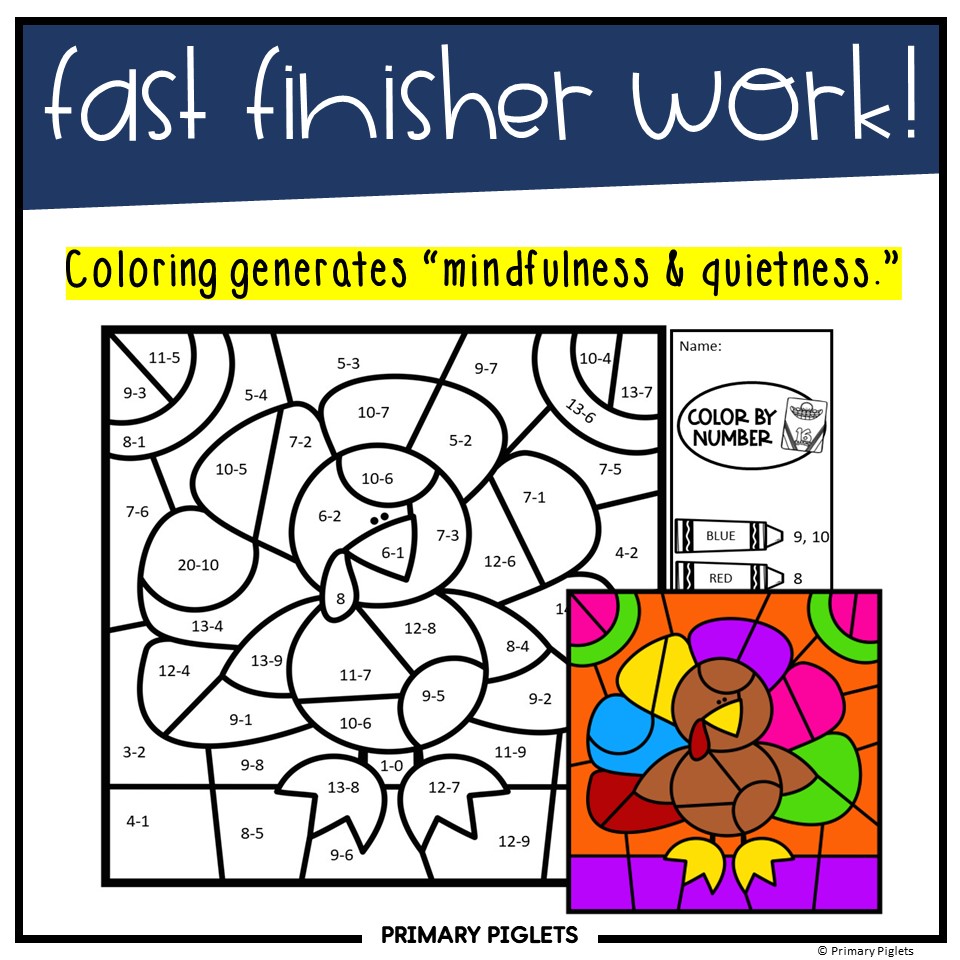 Thanksgiving Color by Code Addition Subtraction | Made By Teachers