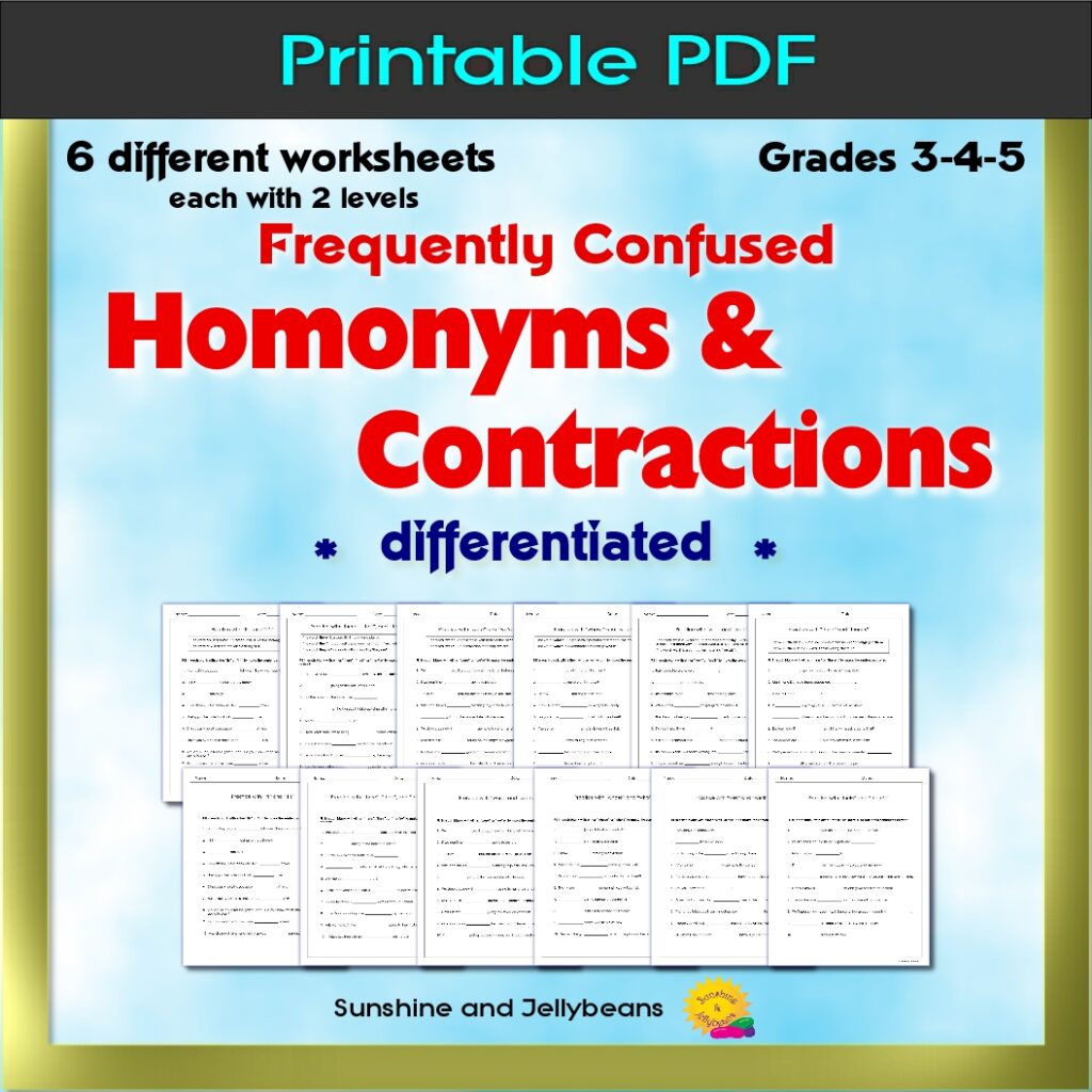 Homonyms & Contractions - Differentiated - 6 practice worksheets ...