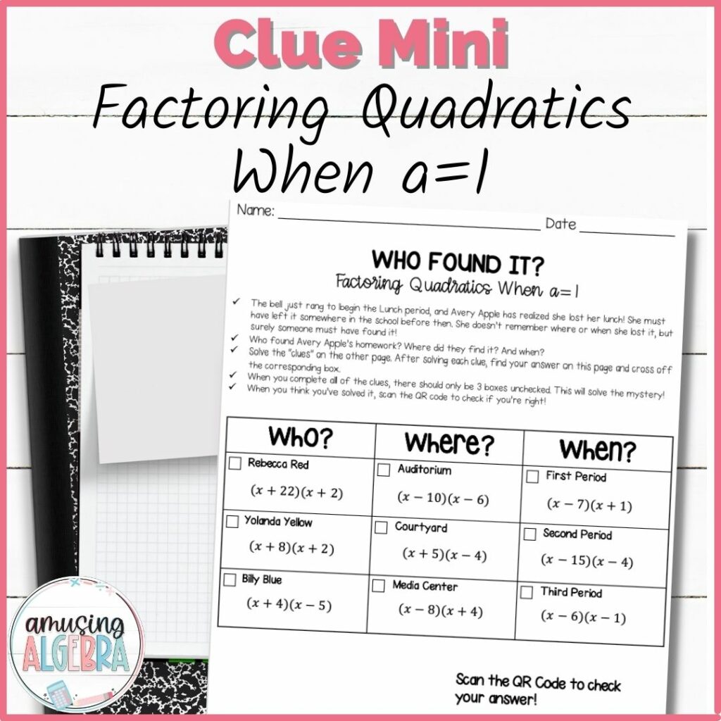 Factoring Quadratics When a=1 Clue Mini Mystery Activity | Made By Teachers