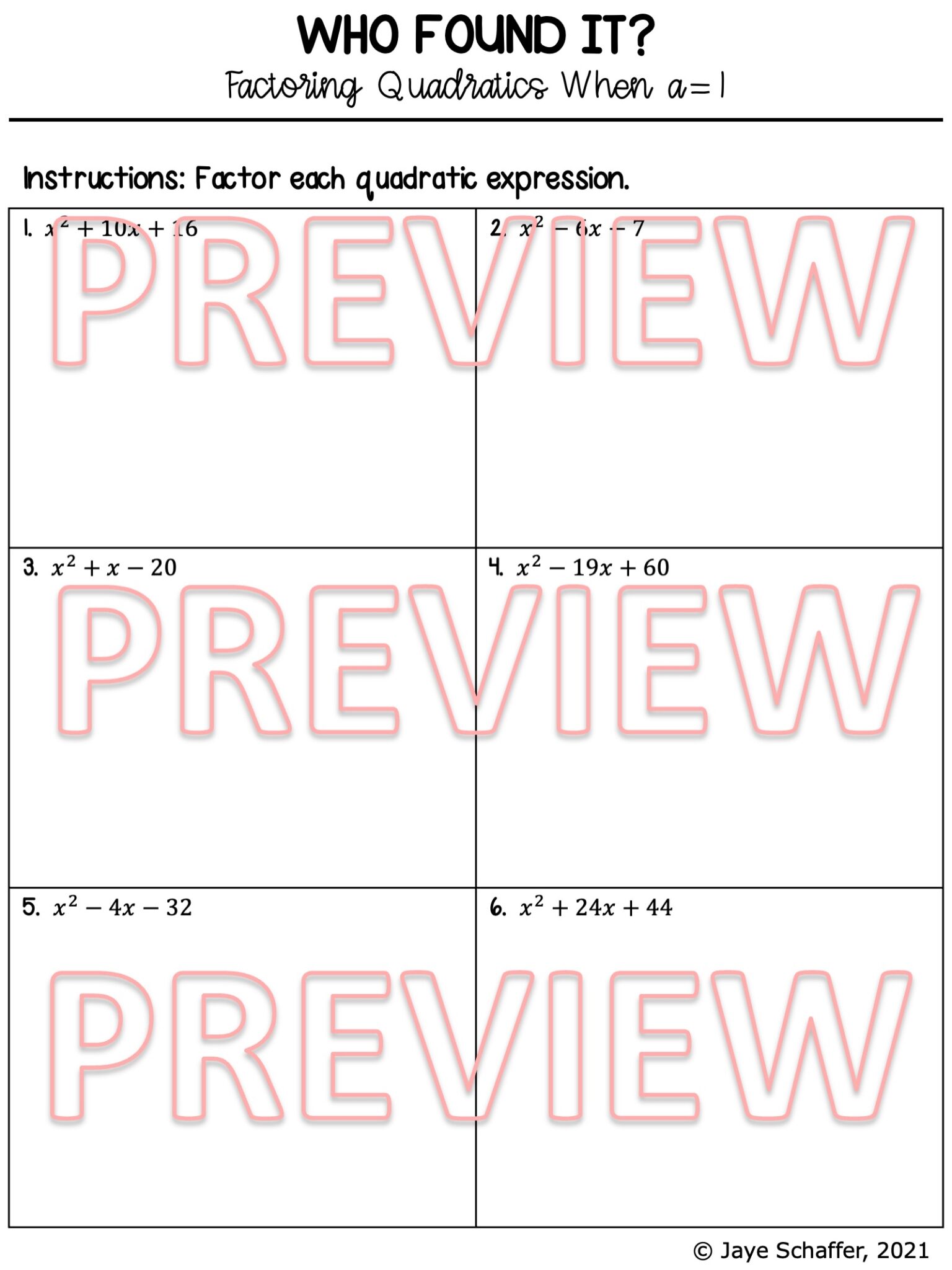 Factoring Quadratics When a=1 Clue Mini Mystery Activity | Made By Teachers
