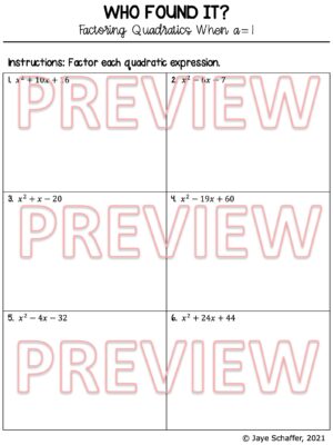 Factoring Quadratics When a=1 Clue Mini Mystery Activity | Made By Teachers