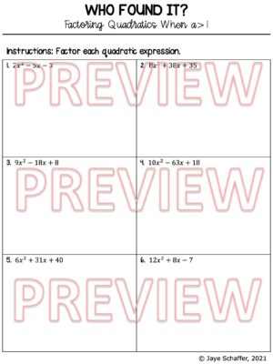 Factoring Quadratics When a is not 1 Clue Mini Mystery Activity | Made ...