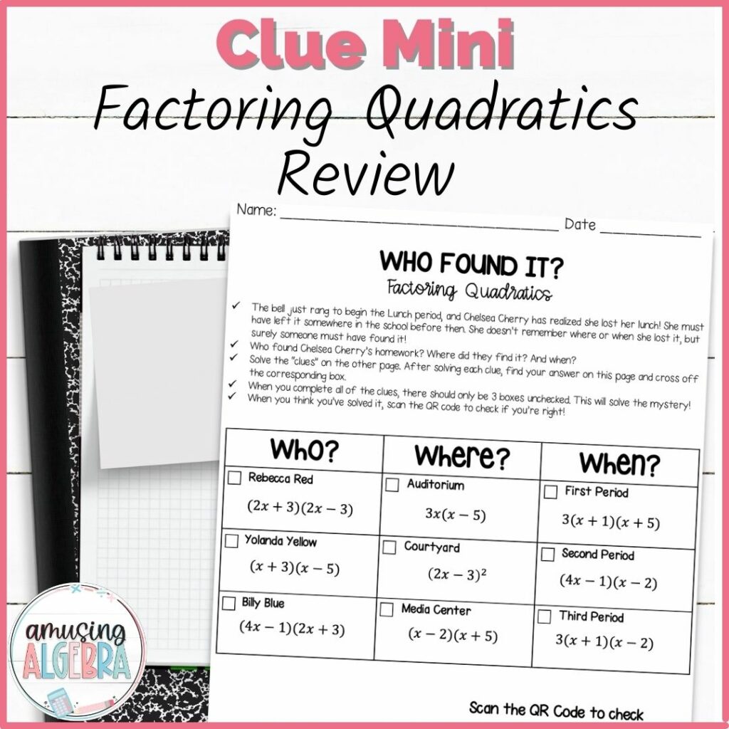 Factoring Quadratics Review Clue Mini Mystery Activity | Made By Teachers