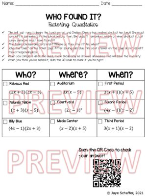 Factoring Quadratics Review Clue Mini Mystery Activity | Made By Teachers