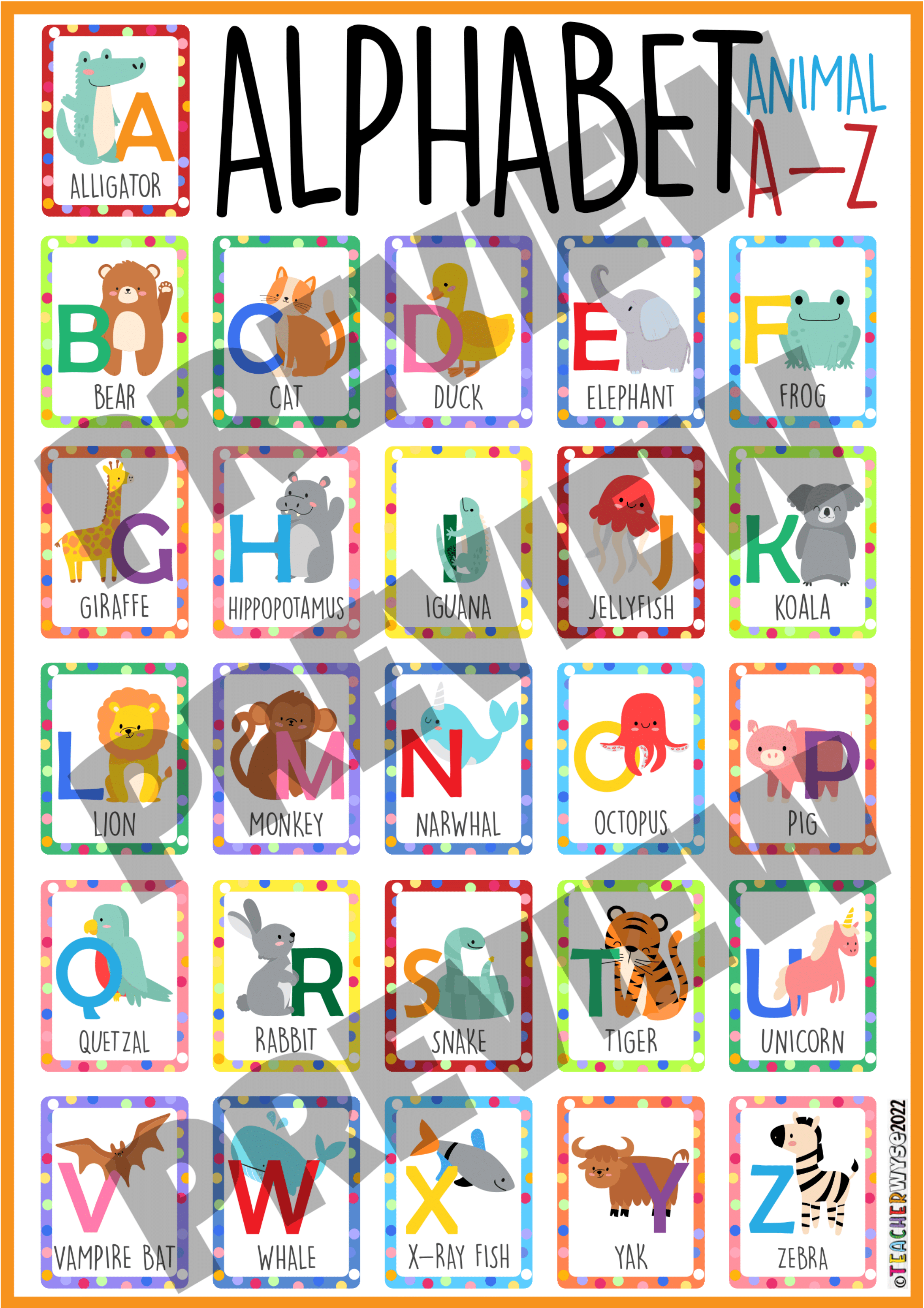 A-Z Alphabet Animal Flashcards & Poster | Cute & Colorful | Digital ...