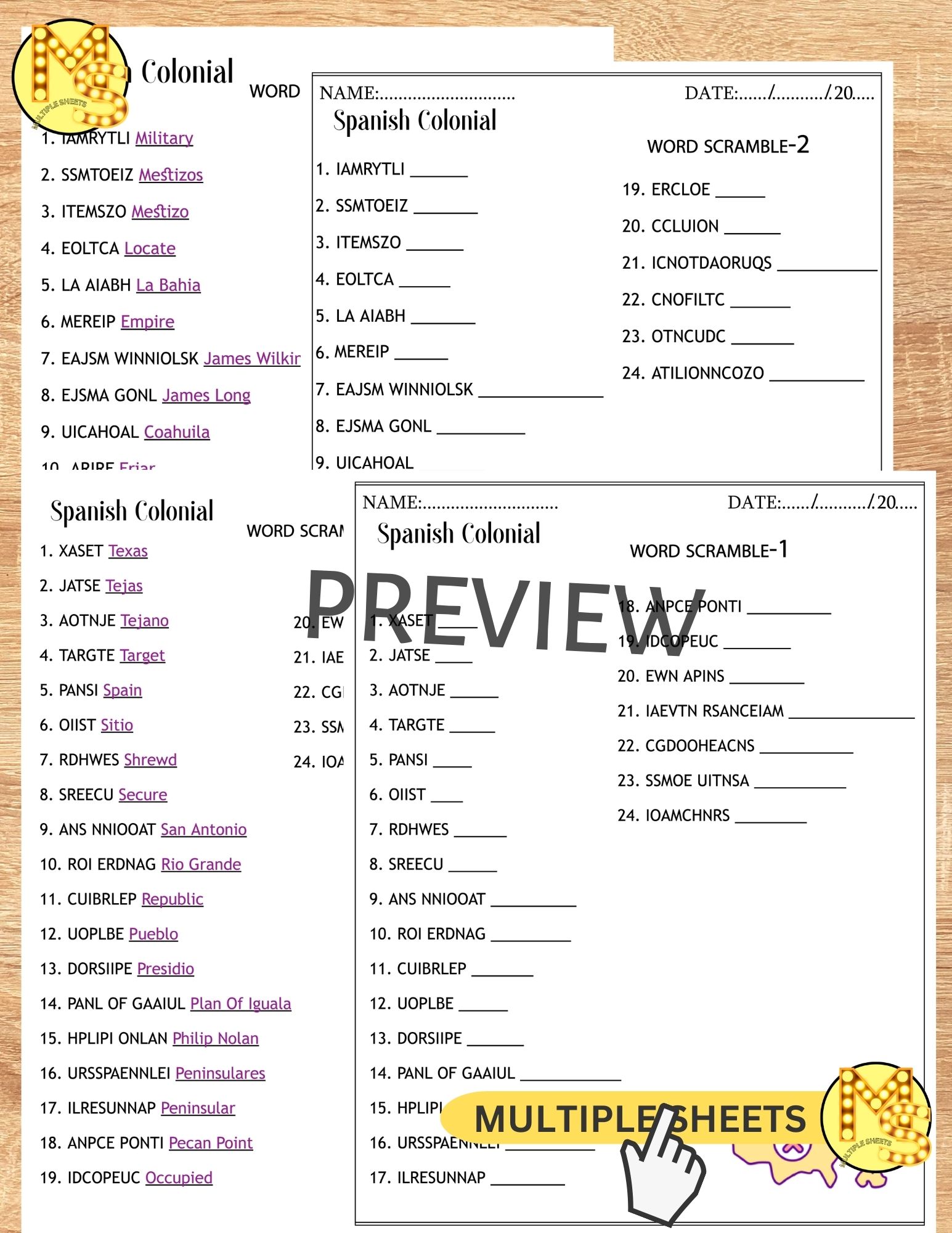 Spanish Colonial Unit Worksheets Crossword - Word Scramble - Wordsearch ...