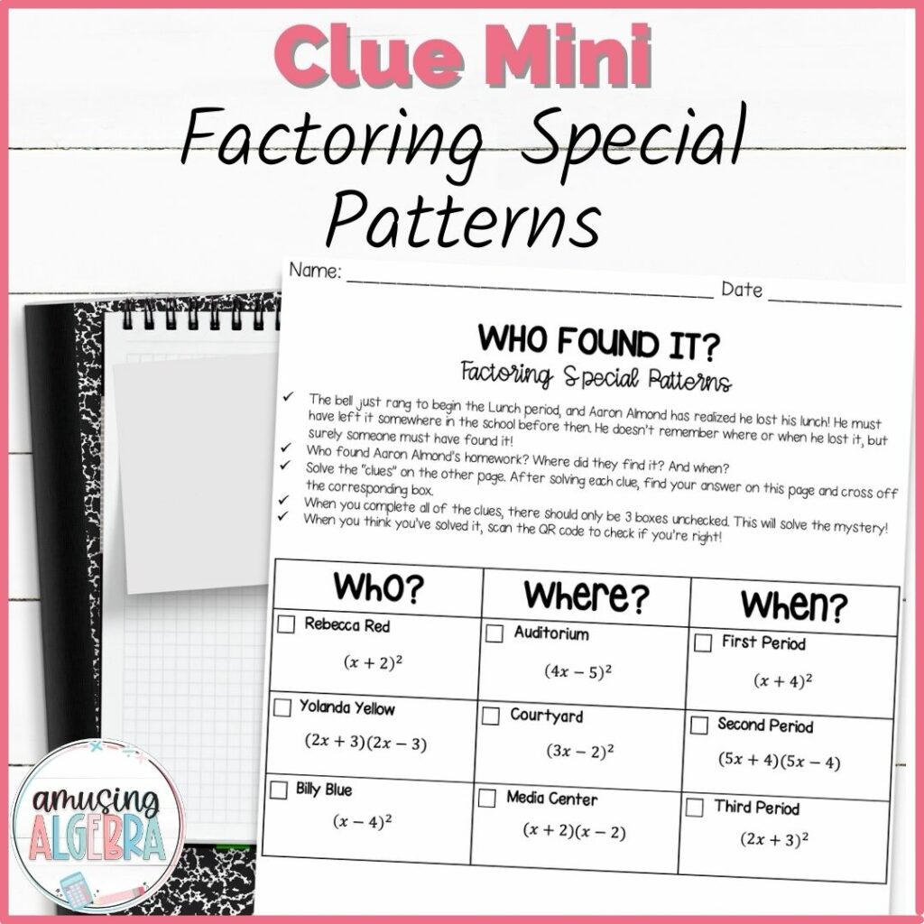 Factoring Quadratics Special Patterns Clue Mini Mystery Activity | Made ...