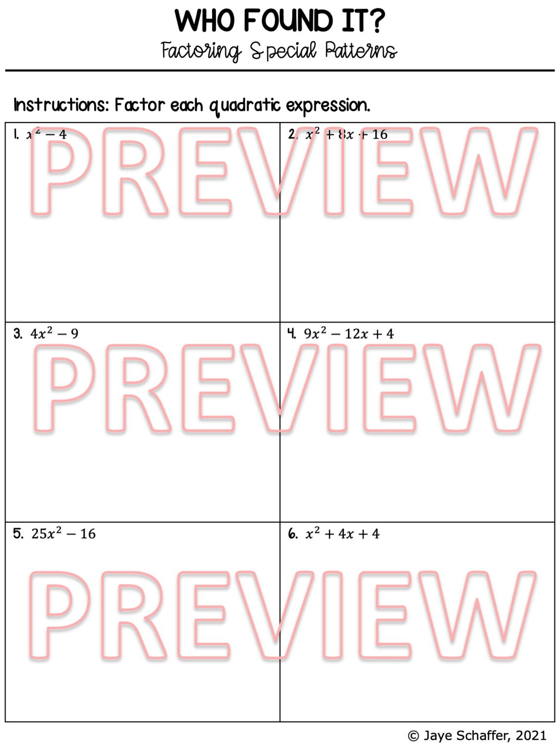 Factoring Quadratics Special Patterns Clue Mini Mystery Activity | Made ...