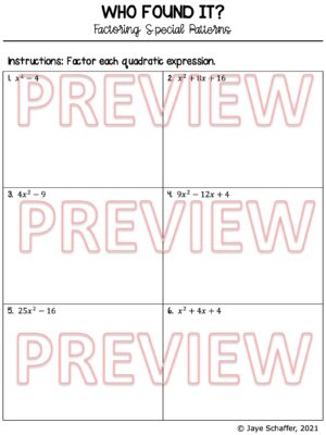 Factoring Quadratics Special Patterns Clue Mini Mystery Activity | Made ...