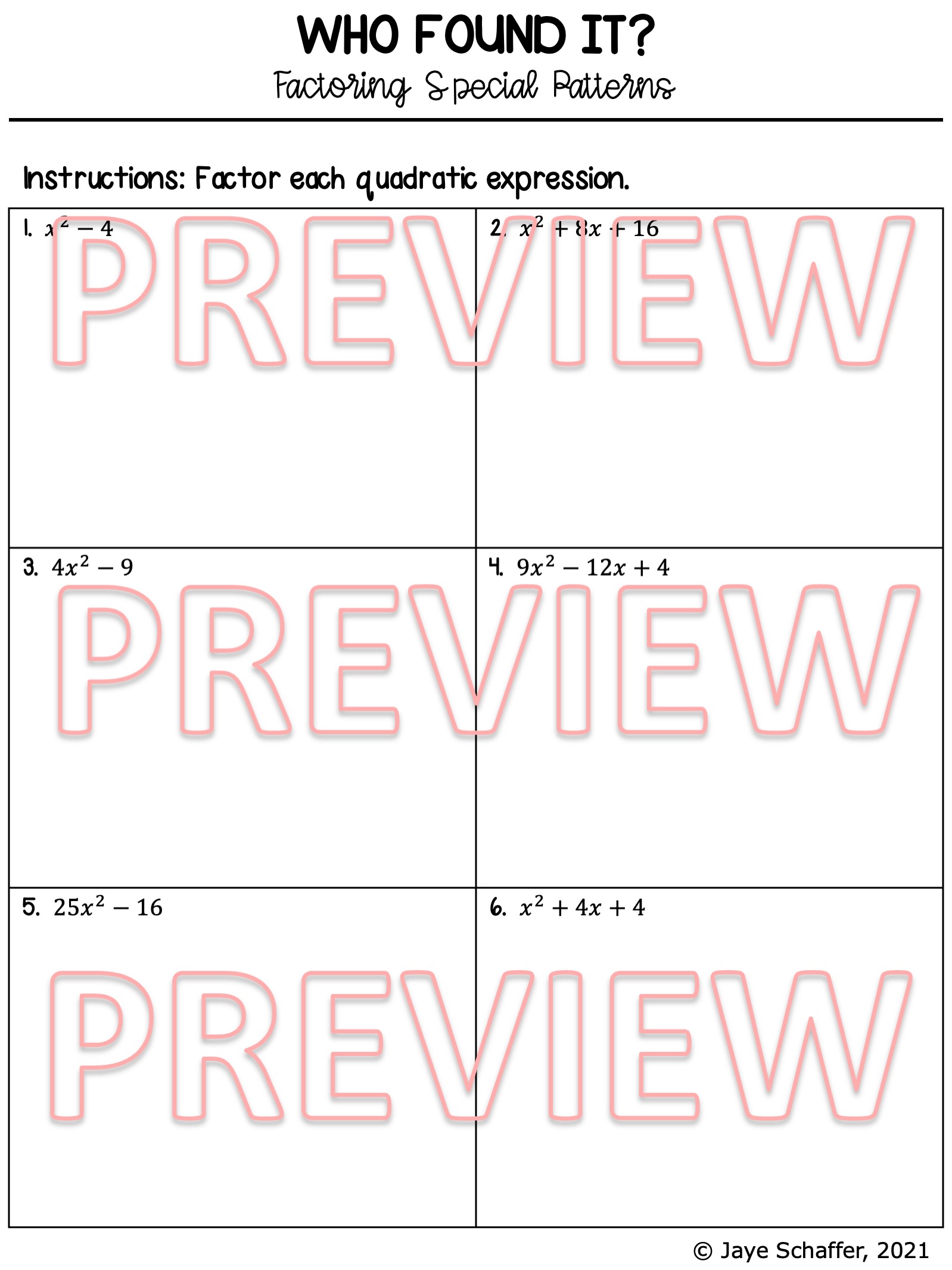 Factoring Quadratics Special Patterns Clue Mini Mystery Activity | Made ...