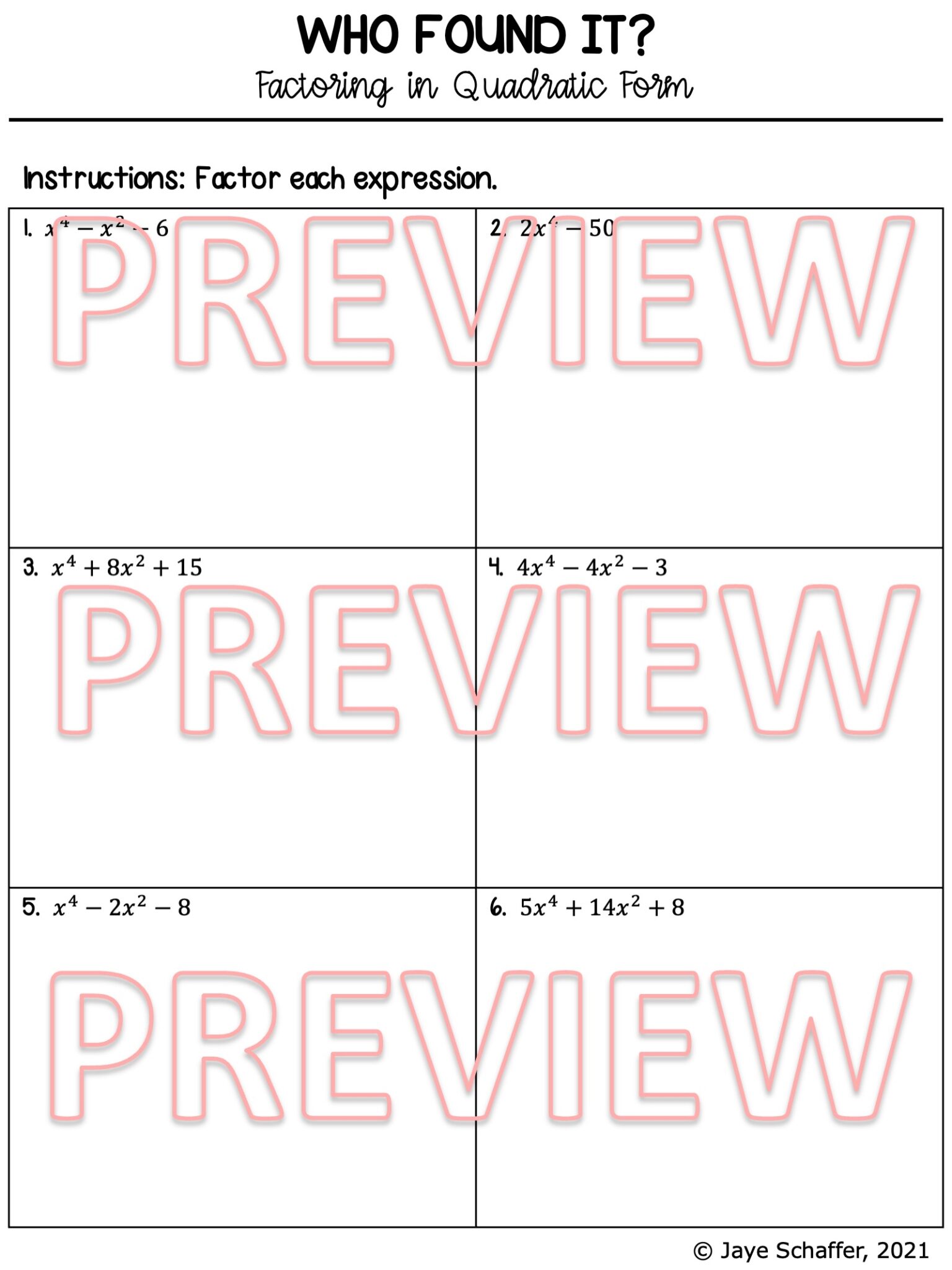 Factoring Polynomials in Quadratic Form Clue Mini Mystery Activity ...