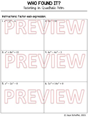 Factoring Polynomials in Quadratic Form Clue Mini Mystery Activity ...