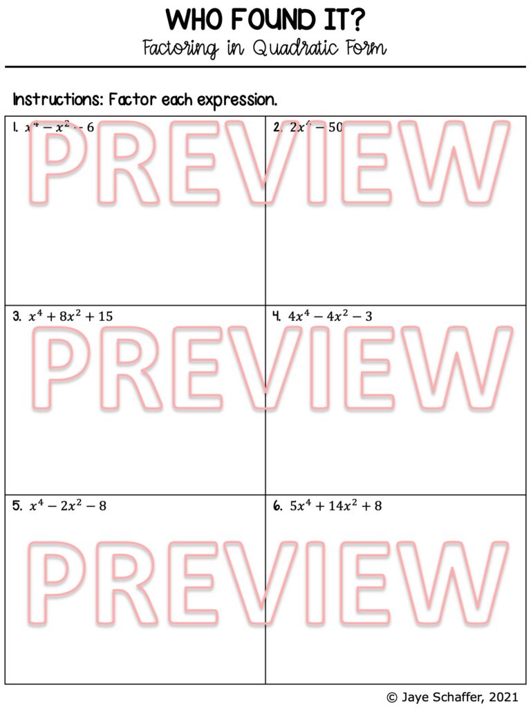 Factoring Polynomials in Quadratic Form Clue Mini Mystery Activity ...