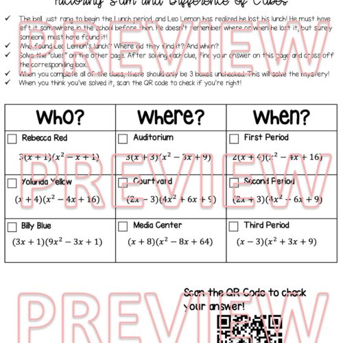 Factoring Sum and Difference of Cubes Clue Mini Mystery Activity | Made ...
