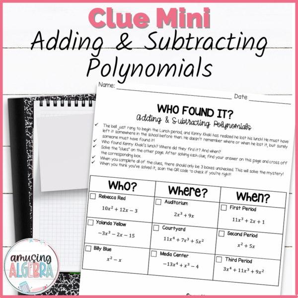 Adding and Subtracting Polynomials Clue Mini Mystery Activity | Made By ...