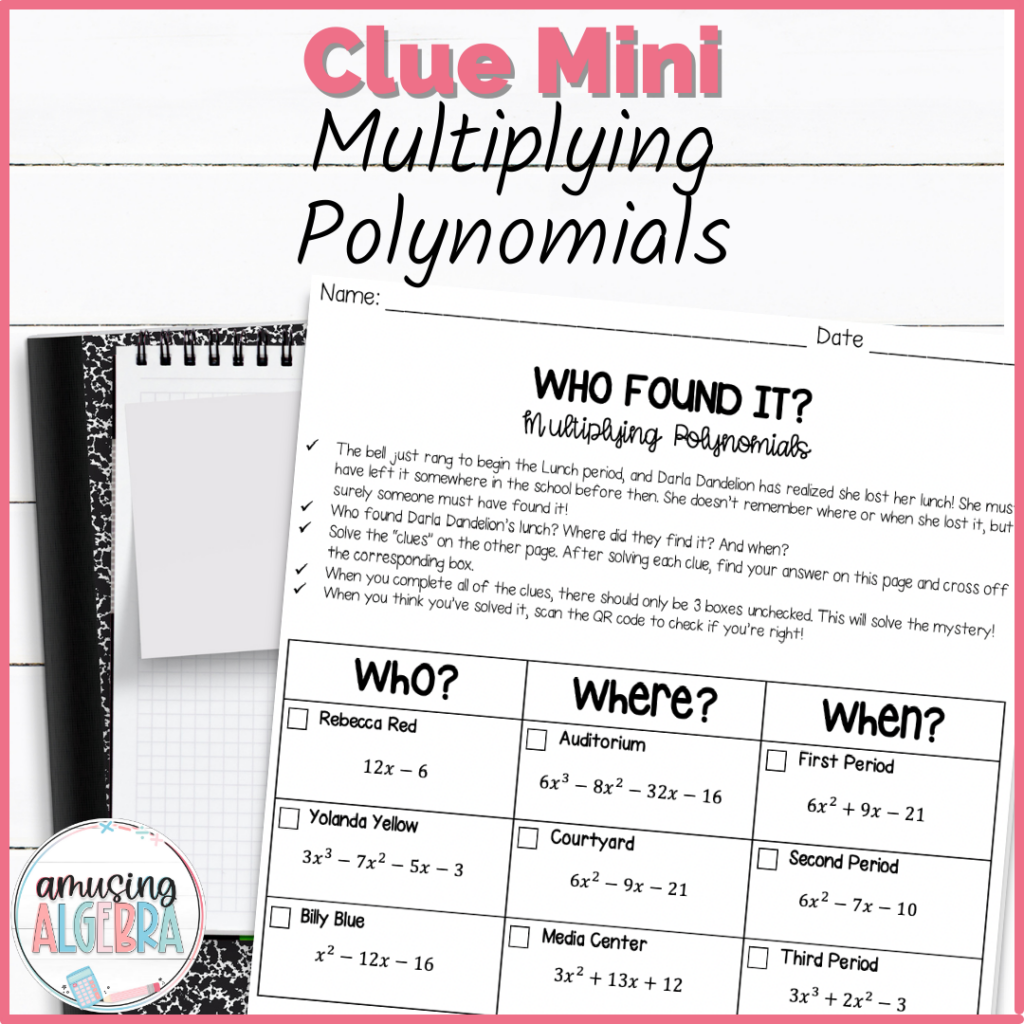Multiplying Polynomials Clue Mini Mystery Activity | Made By Teachers