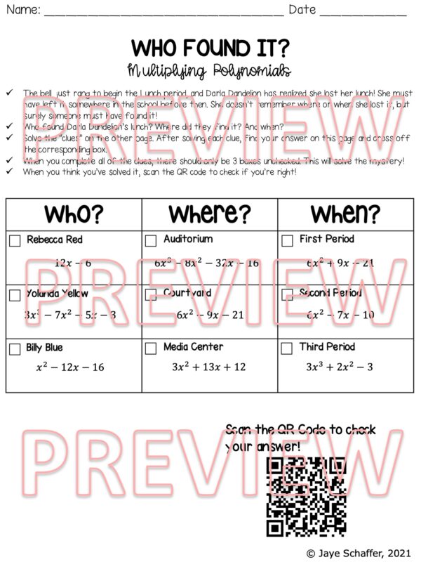 Multiplying Polynomials Clue Mini Mystery Activity - Made By Teachers