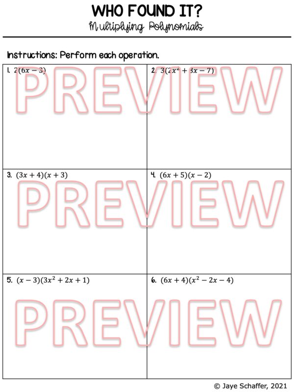 Multiplying Polynomials Clue Mini Mystery Activity - Made By Teachers