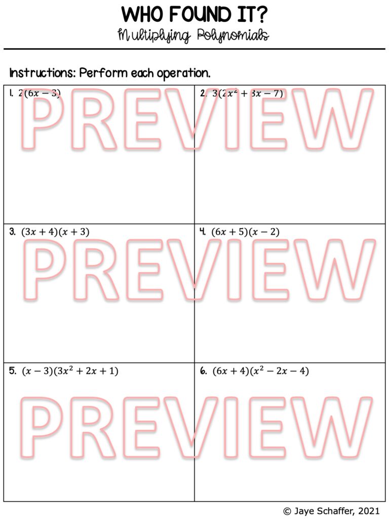 Multiplying Polynomials Clue Mini Mystery Activity - Made By Teachers